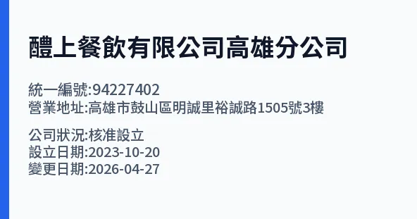 醴上餐飲有限公司高雄分公司的照片-統編 94227402(高雄市) 公司登記資料與營業項目詳細圖表