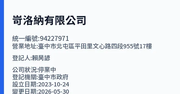 岢洛納有限公司的照片-統編 94227971(臺中市) 公司登記資料與營業項目詳細圖表