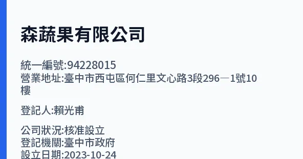 森蔬果有限公司的照片-統編 94228015(臺中市) 公司登記資料與營業項目詳細圖表