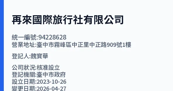 再來國際旅行社有限公司的照片-統編 94228628(臺中市) 公司登記資料與營業項目詳細圖表