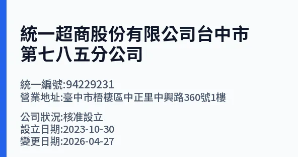 統一超商股份有限公司台中市第七八五分公司的照片-統編 94229231(臺中市) 公司登記資料與營業項目詳細圖表