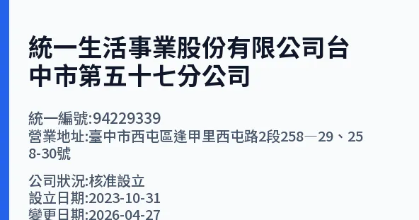 統一生活事業股份有限公司台中市第五十七分公司的照片-統編 94229339(臺中市) 公司登記資料與營業項目詳細圖表