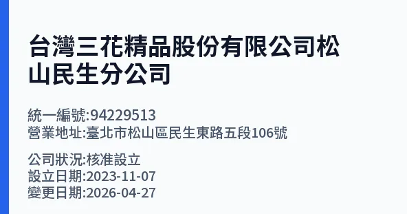 台灣三花精品股份有限公司松山民生分公司的照片-統編 94229513(臺北市) 公司登記資料與營業項目詳細圖表