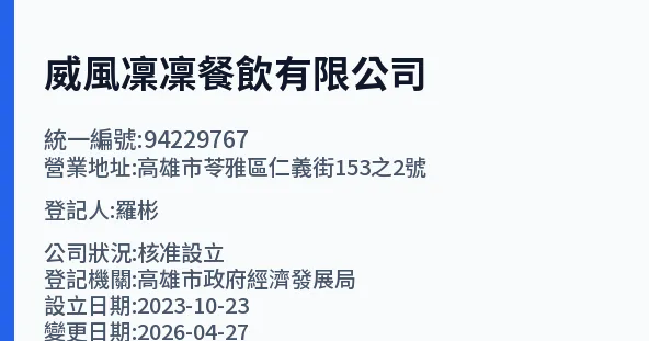 威風凜凜餐飲有限公司的照片-統編 94229767(高雄市) 公司登記資料與營業項目詳細圖表