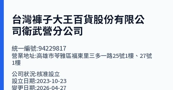 台灣褲子大王百貨股份有限公司衛武營分公司的照片-統編 94229817(高雄市) 公司登記資料與營業項目詳細圖表
