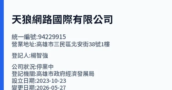 天狼網路國際有限公司的照片-統編 94229915(高雄市) 公司登記資料與營業項目詳細圖表