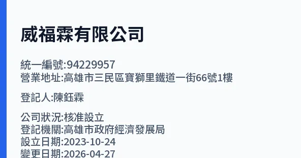 威福霖有限公司的照片-統編 94229957(高雄市) 公司登記資料與營業項目詳細圖表