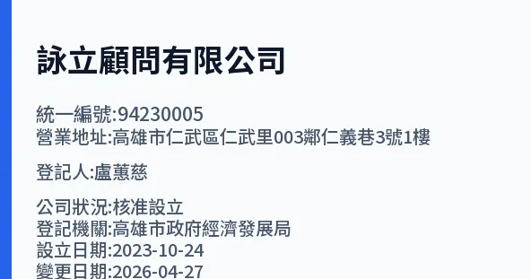 詠立顧問有限公司的照片-統編 94230005(高雄市) 公司登記資料與營業項目詳細圖表
