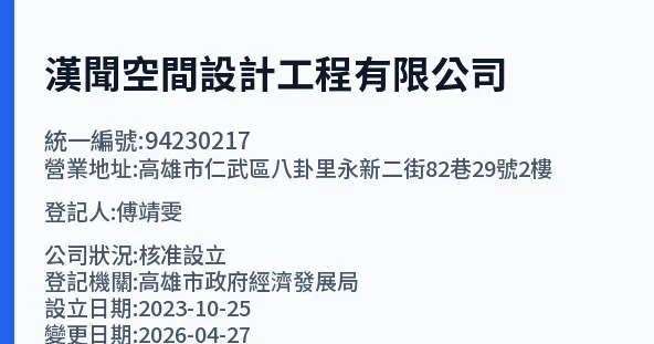 漢聞空間設計工程有限公司的照片-統編 94230217(高雄市) 公司登記資料與營業項目詳細圖表