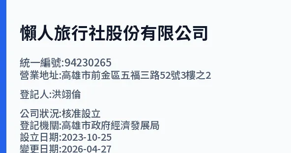 懶人旅行社股份有限公司的照片-統編 94230265(高雄市) 公司登記資料與營業項目詳細圖表
