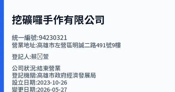 挖礦囉手作有限公司的照片-統編 94230321(高雄市) 公司登記資料與營業項目詳細圖表