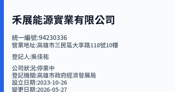 禾展能源實業有限公司的照片-統編 94230336(高雄市) 公司登記資料與營業項目詳細圖表