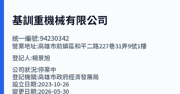 基訓重機械有限公司的照片-統編 94230342(高雄市) 公司登記資料與營業項目詳細圖表