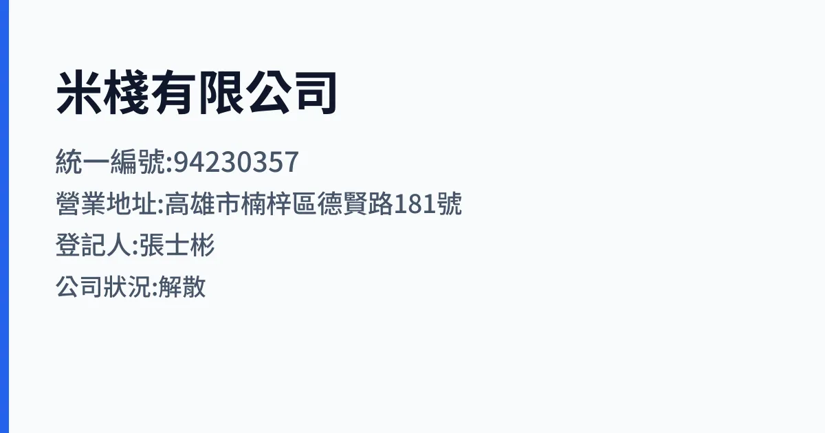 米棧有限公司 - 統編 94230357(高雄市) 公司登記資料與營業項目詳細圖表