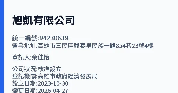 旭凱有限公司的照片-統編 94230639(高雄市) 公司登記資料與營業項目詳細圖表