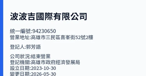 波波吉國際有限公司的照片-統編 94230650(高雄市) 公司登記資料與營業項目詳細圖表