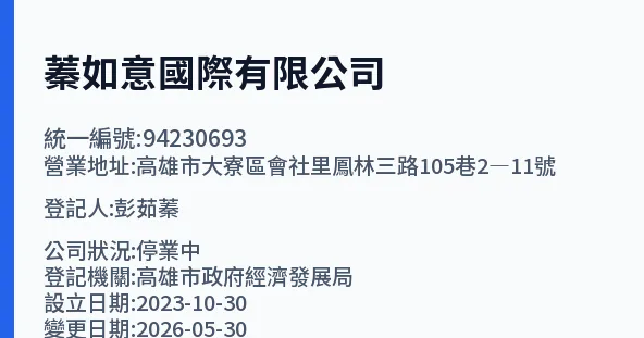 蓁如意國際有限公司的照片-統編 94230693(高雄市) 公司登記資料與營業項目詳細圖表