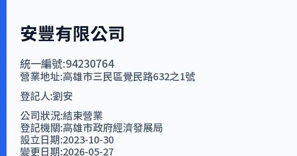 安豐有限公司的照片-統編 94230764(高雄市) 公司登記資料與營業項目詳細圖表