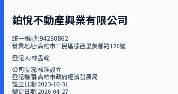 鉑悅不動產興業有限公司的照片-統編 94230862(高雄市) 公司登記資料與營業項目詳細圖表
