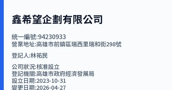 鑫希望企劃有限公司的照片-統編 94230933(高雄市) 公司登記資料與營業項目詳細圖表