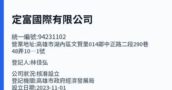 定富國際有限公司的照片-統編 94231102(高雄市) 公司登記資料與營業項目詳細圖表