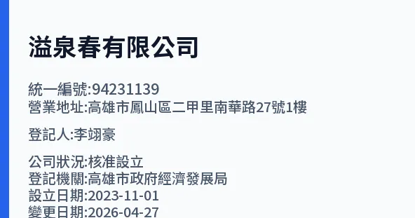 溢泉春有限公司的照片-統編 94231139(高雄市) 公司登記資料與營業項目詳細圖表