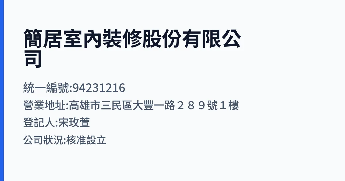 簡居室內裝修股份有限公司 - 統編 94231216(高雄市) 公司登記資料與營業項目詳細圖表