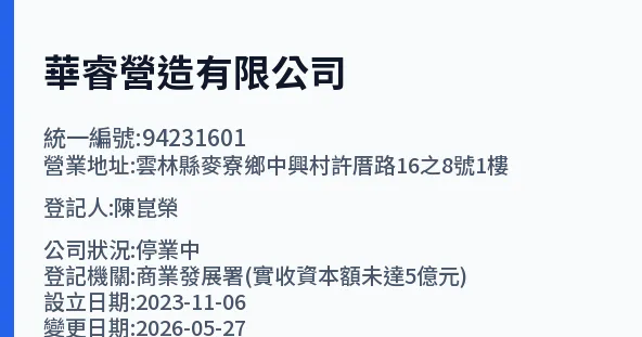 華睿營造有限公司的照片-統編 94231601(雲林縣) 公司登記資料與營業項目詳細圖表