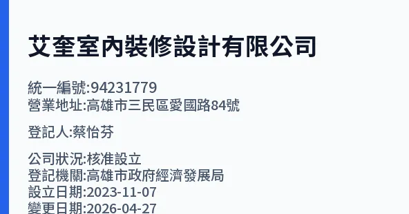艾奎室內裝修設計有限公司的照片-統編 94231779(高雄市) 公司登記資料與營業項目詳細圖表