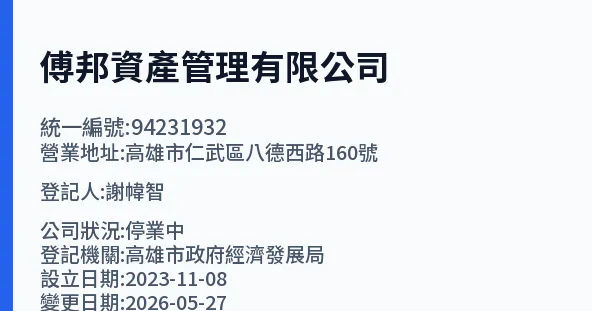 傅邦資產管理有限公司的照片-統編 94231932(高雄市) 公司登記資料與營業項目詳細圖表