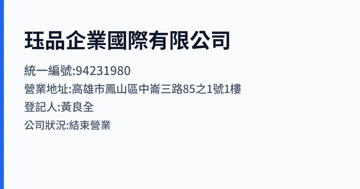 珏品企業國際有限公司 - 統編 94231980(高雄市) 公司登記資料與營業項目詳細圖表