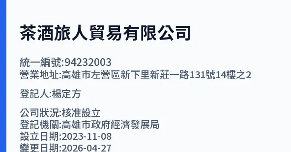 茶酒旅人貿易有限公司的照片-統編 94232003(高雄市) 公司登記資料與營業項目詳細圖表