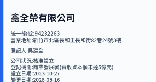 鑫全榮有限公司的照片-統編 94232263(新竹市) 公司登記資料與營業項目詳細圖表
