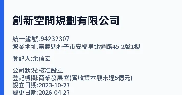 創新空間規劃有限公司的照片-統編 94232307(嘉義縣) 公司登記資料與營業項目詳細圖表