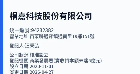 桐嘉科技股份有限公司的照片-統編 94232382(苗栗縣) 公司登記資料與營業項目詳細圖表