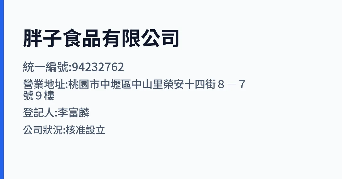 胖子食品有限公司 - 統編 94232762(桃園市) 公司登記資料與營業項目詳細圖表