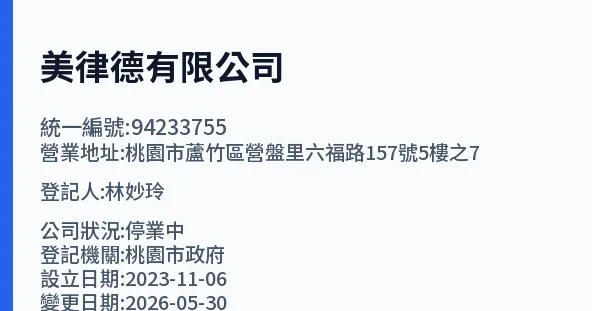 美律德有限公司的照片-統編 94233755(桃園市) 公司登記資料與營業項目詳細圖表
