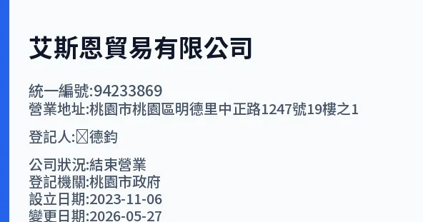 艾斯恩貿易有限公司的照片-統編 94233869(桃園市) 公司登記資料與營業項目詳細圖表