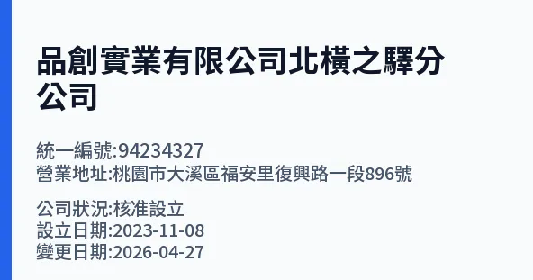 品創實業有限公司北橫之驛分公司的照片-統編 94234327(桃園市) 公司登記資料與營業項目詳細圖表