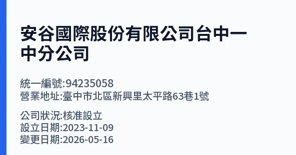 安谷國際股份有限公司台中一中分公司的照片-統編 94235058(臺中市) 公司登記資料與營業項目詳細圖表