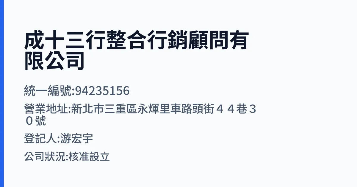 成十三行整合行銷顧問有限公司 - 統編 94235156(新北市) 公司登記資料與營業項目詳細圖表
