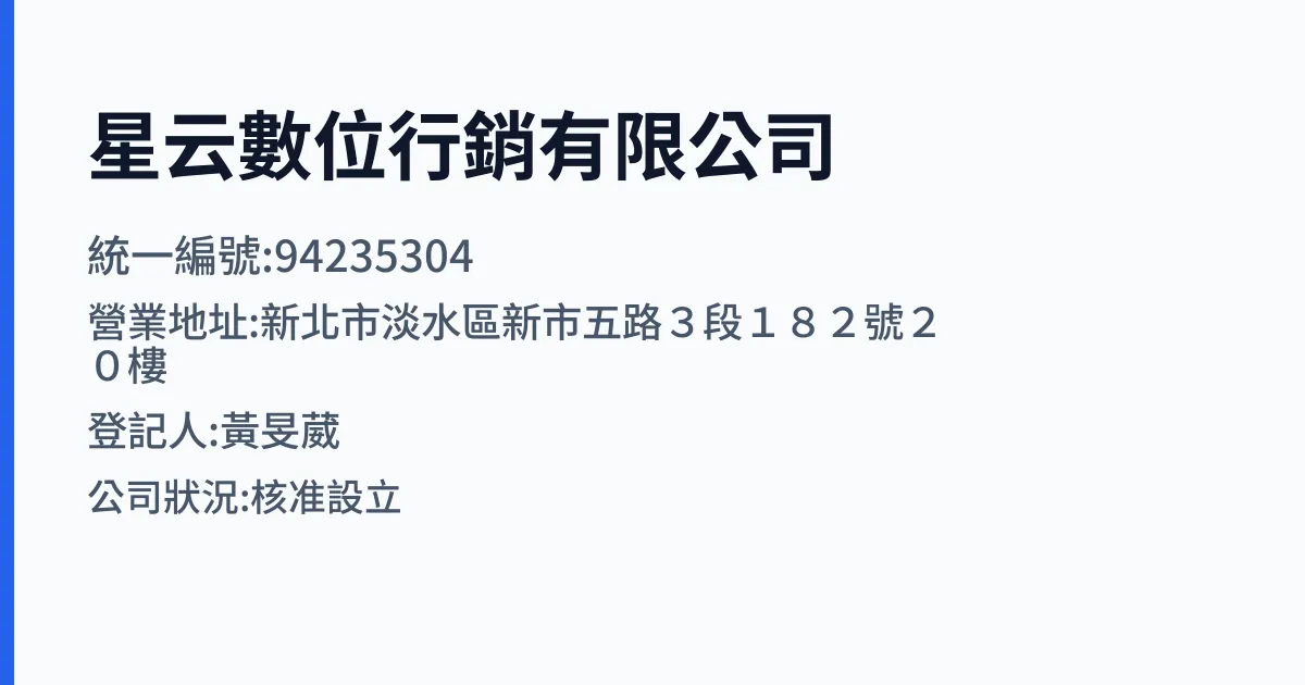 星云數位行銷有限公司 - 統編 94235304(新北市) 公司登記資料與營業項目詳細圖表