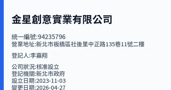 金星創意實業有限公司的照片-統編 94235796(新北市) 公司登記資料與營業項目詳細圖表