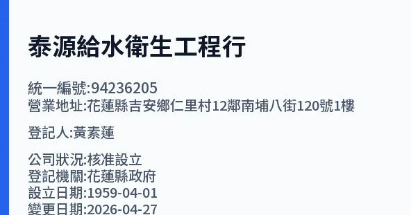 泰源給水衛生工程行的照片-統編 94236205(花蓮縣) 公司登記資料與營業項目詳細圖表