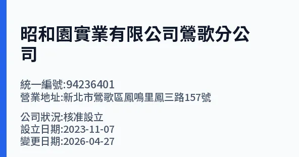 昭和園實業有限公司鶯歌分公司的照片-統編 94236401(新北市) 公司登記資料與營業項目詳細圖表