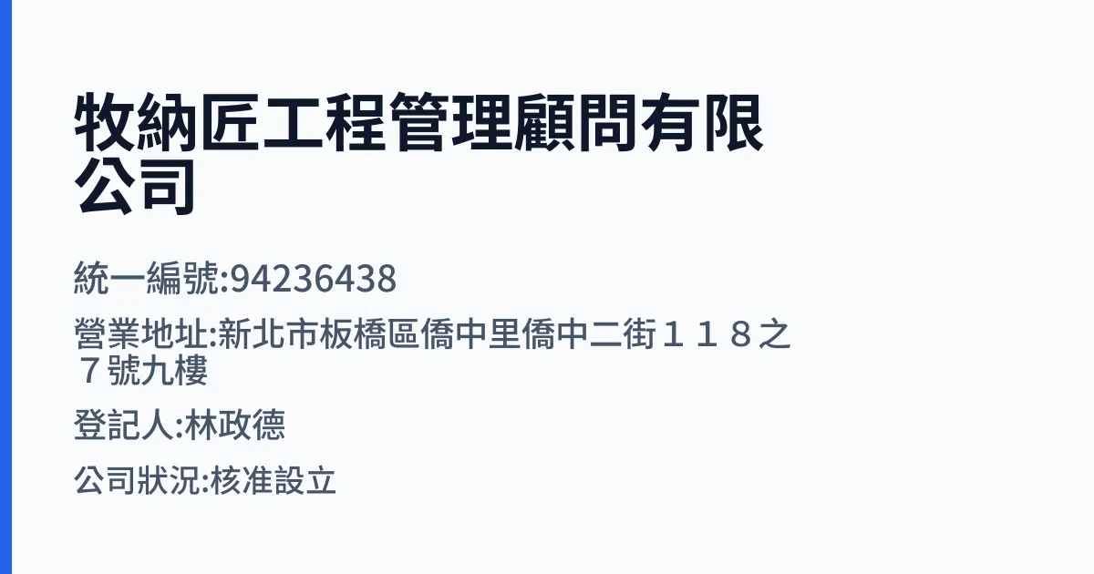 牧納匠工程管理顧問有限公司 - 統編 94236438(新北市) 公司登記資料與營業項目詳細圖表