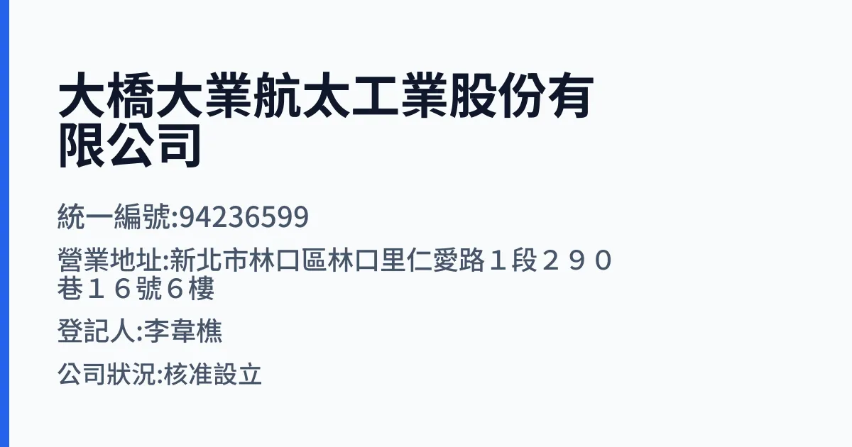 大橋大業航太工業股份有限公司 - 統編 94236599(新北市) 公司登記資料與營業項目詳細圖表