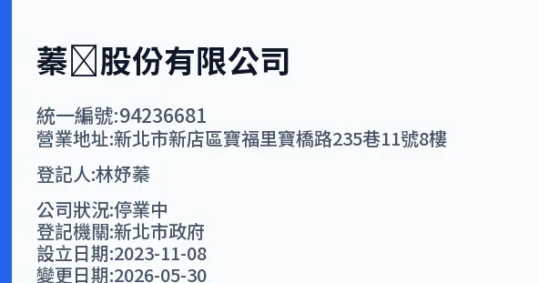 蓁笍股份有限公司的照片-統編 94236681(新北市) 公司登記資料與營業項目詳細圖表