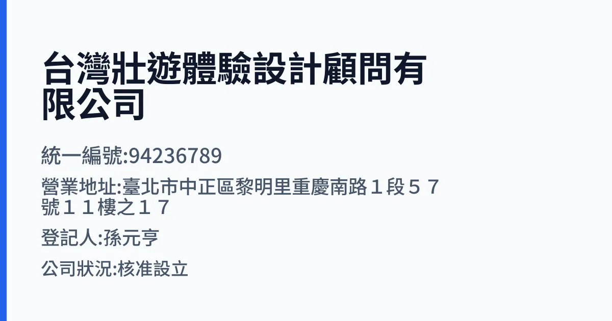 台灣壯遊體驗設計顧問有限公司 - 統編 94236789(新北市) 公司登記資料與營業項目詳細圖表