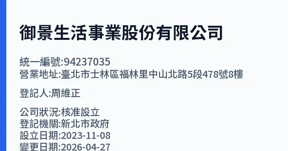 御景生活事業股份有限公司的照片-統編 94237035(臺北市) 公司登記資料與營業項目詳細圖表